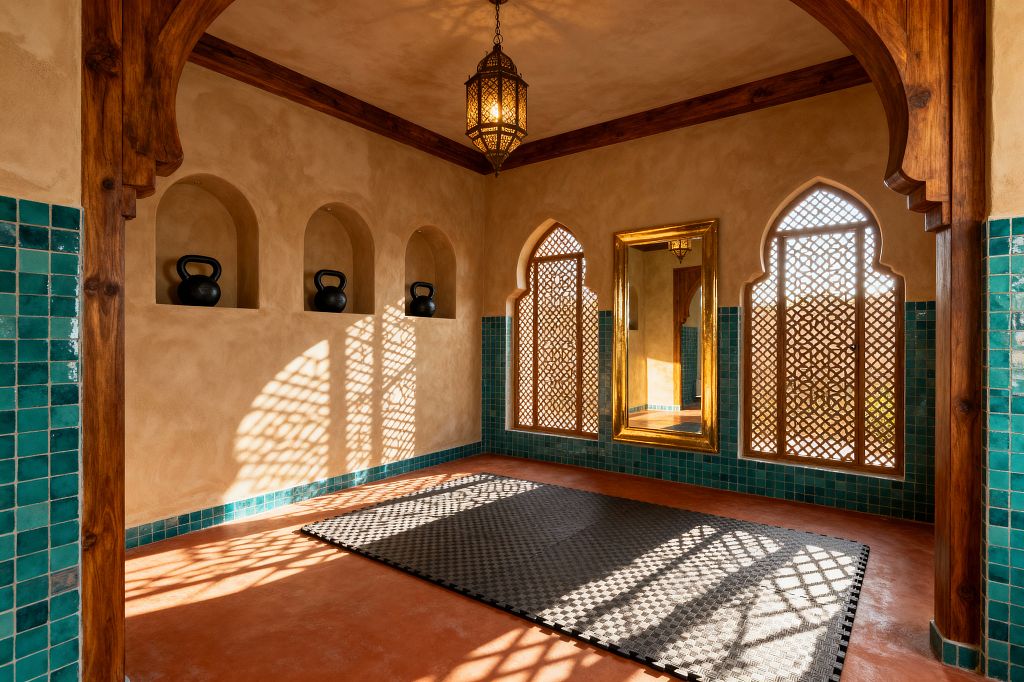 Room AI – Moroccan Gym with Zellige and Mashrabiya - Interior Design