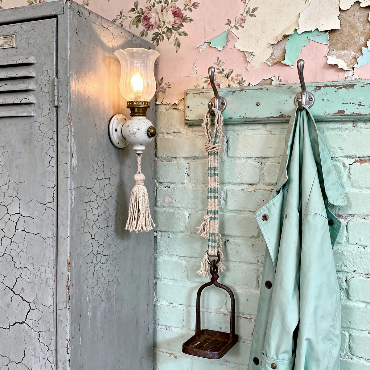 Room AI – Shabby Chic Mudroom with Chippy Mint Brick and Florals