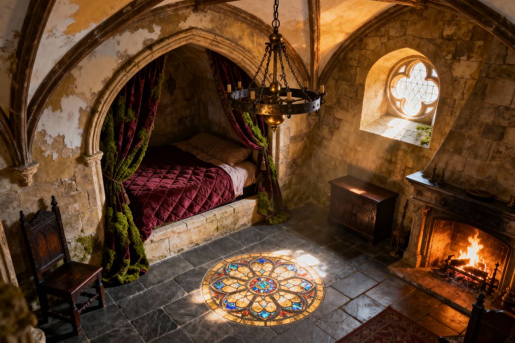 Room AI – Vaulted Gothic Bedroom with Alcove Bed and Hearth - Interior