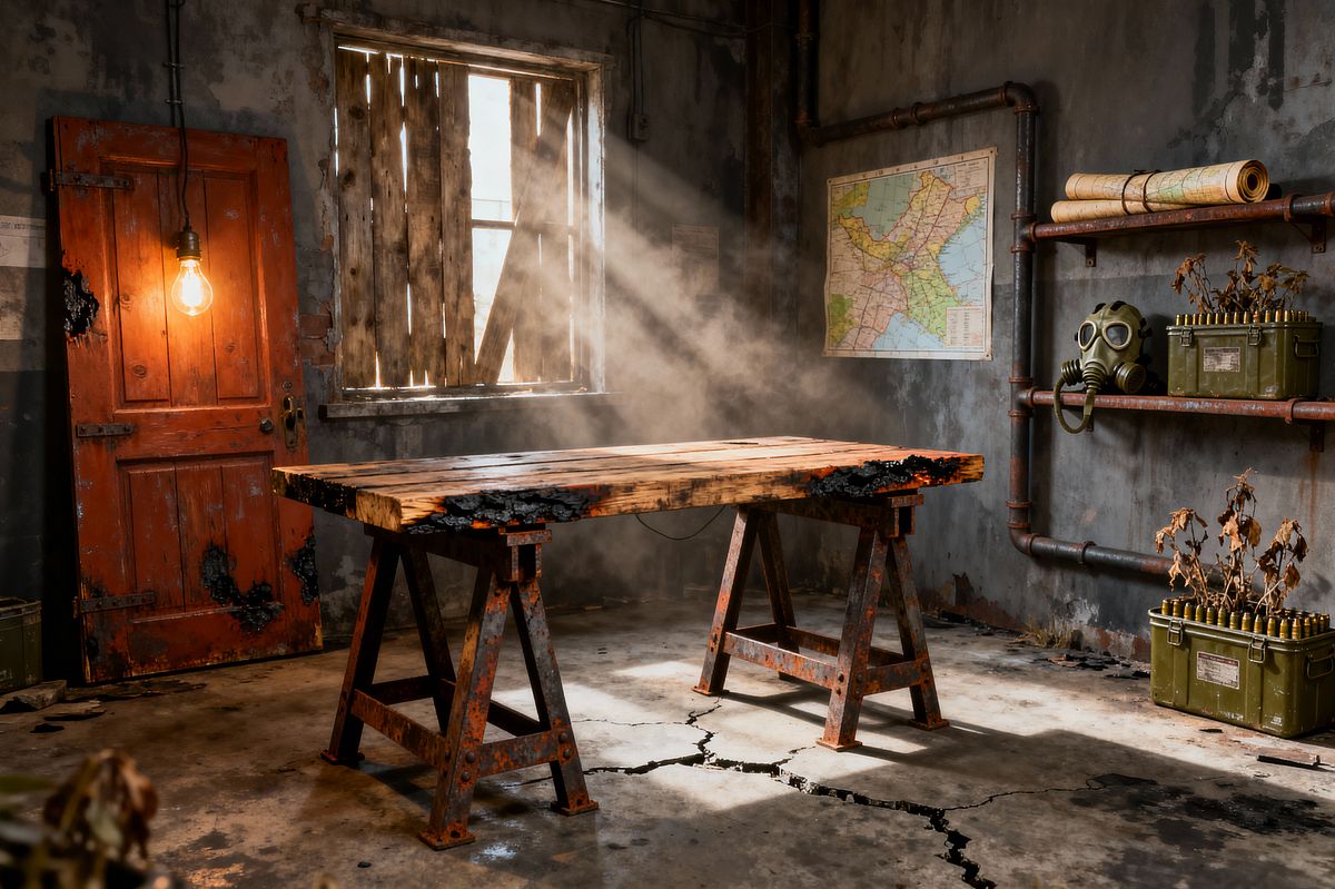 Room AI – Post-Apocalyptic Home Office with Charred Workbench