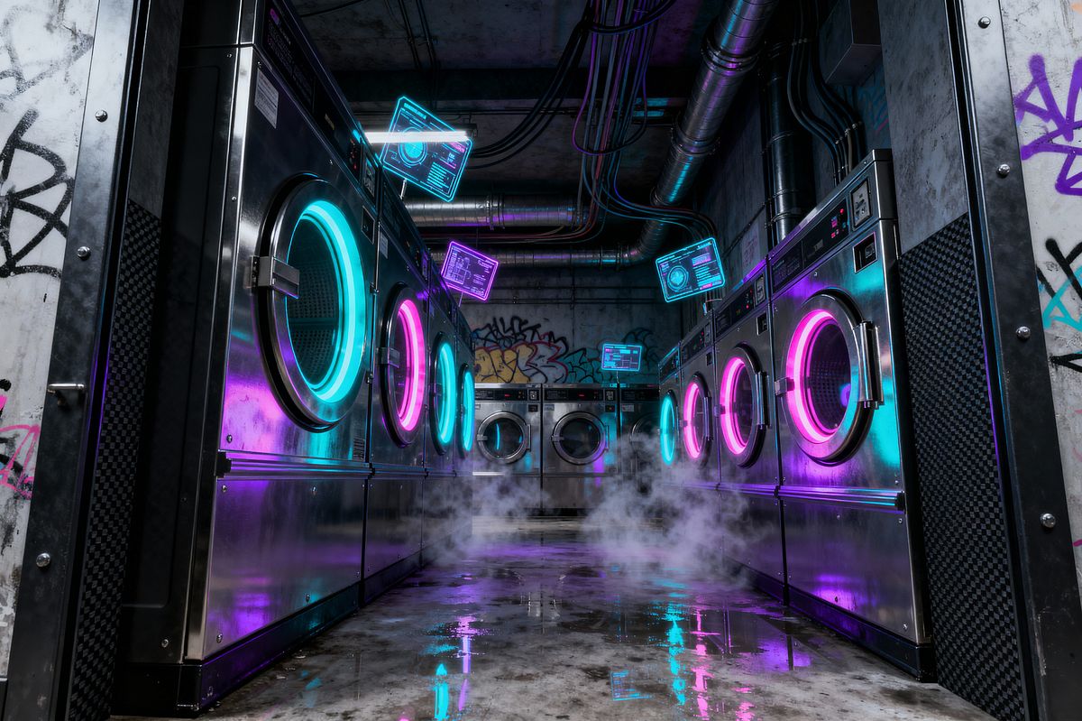 Room AI – Neon-Drenched Cyberpunk Laundromat with Holograms - Interior