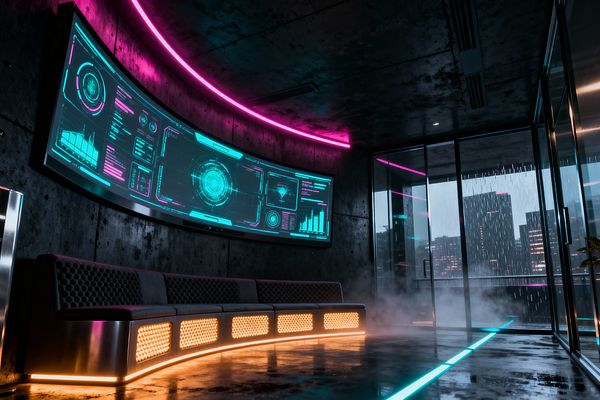 Room AI – Cyberpunk Patio with Neon Circuit Table - Interior Design