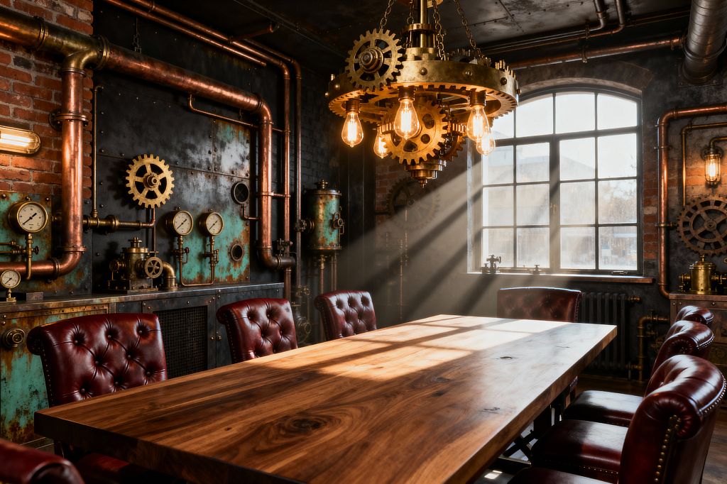 Room AI – Steampunk Dining Room with Brass Gear Chandelier - Interior