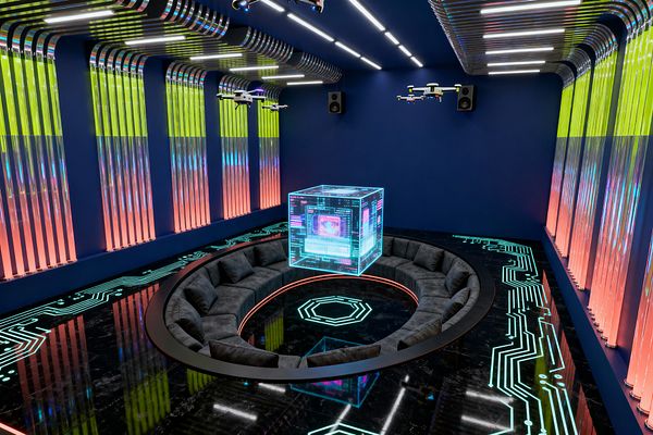 Room AI – Cyberpunk Neon Banquette with Interactive Dining Table