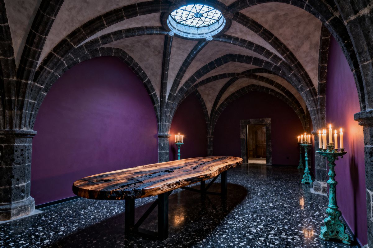 Room AI – Gothic Vaulted Dining Room with Live-Edge Table - Interior