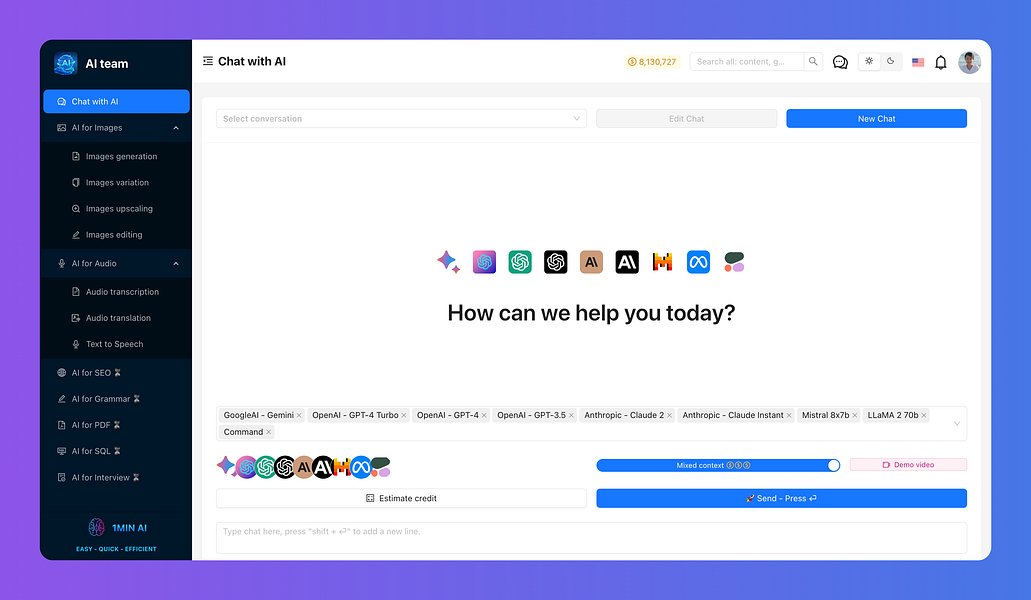 1min.AI: All-in-one AI app, powered by various AI models | BetaList