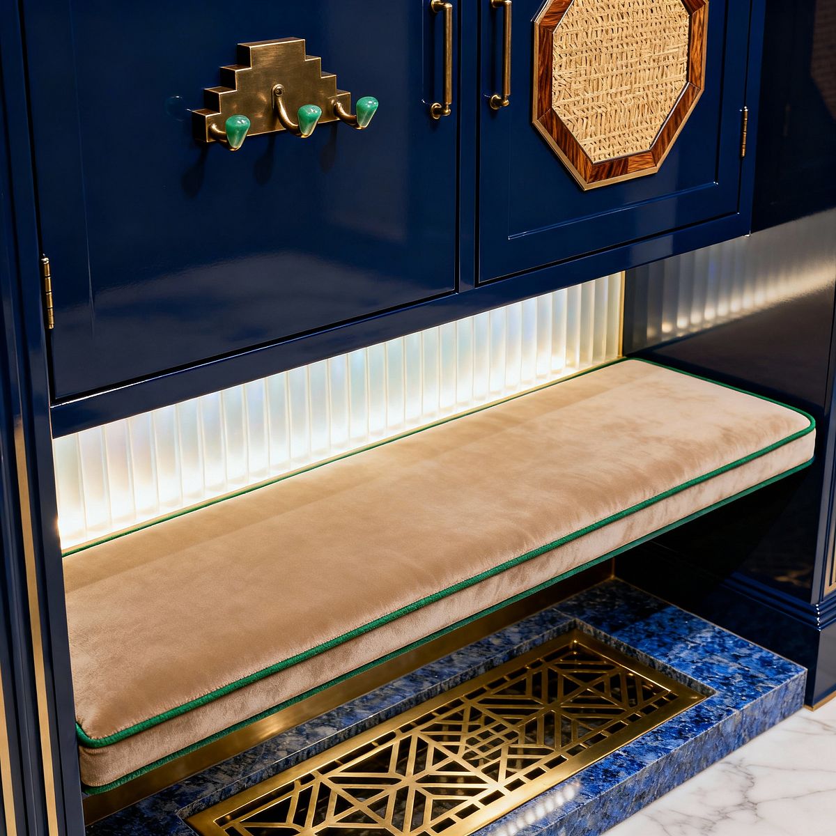 Room AI – Art Deco Mudroom Niche in Navy, Brass, and Blue Stone