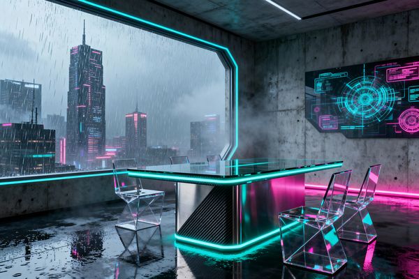 Room AI – Cyberpunk Neon Loft Dining with Glass Table - Interior