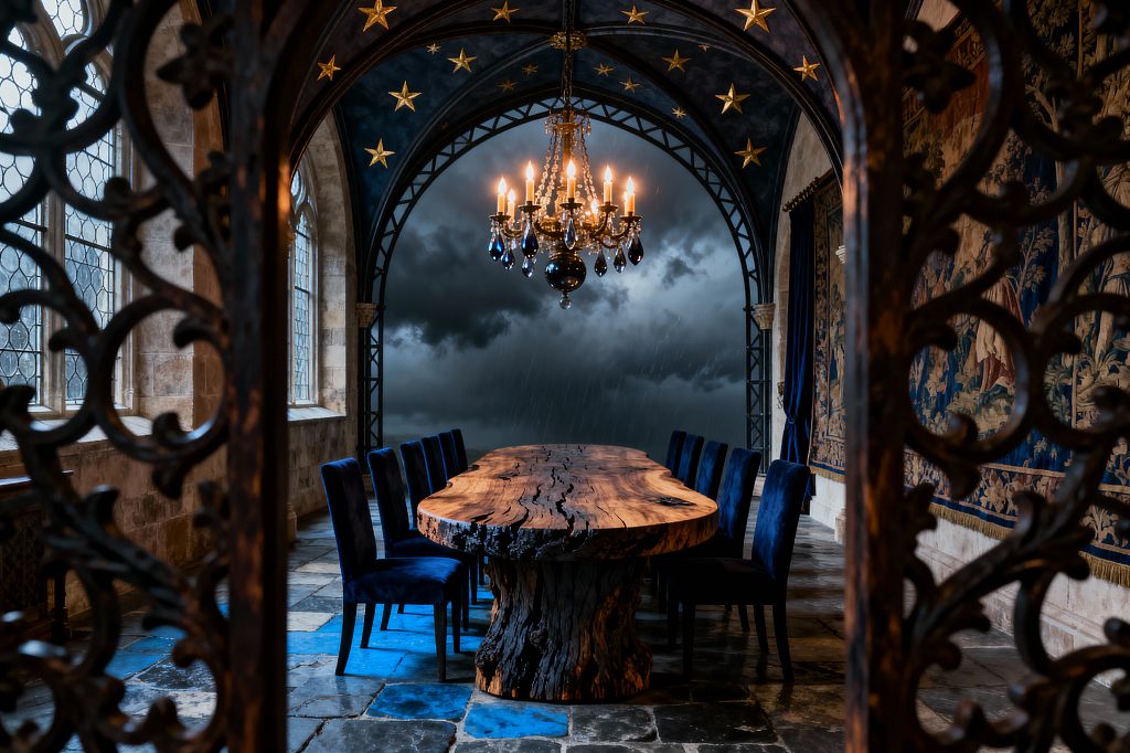 Room AI – Starry-Vaulted Gothic Dining with Live-Edge Table - Interior