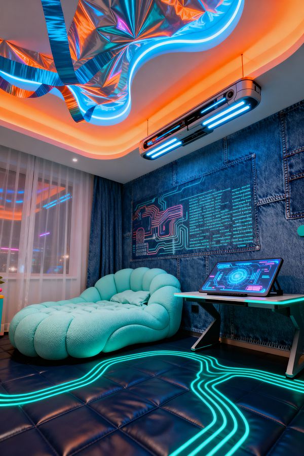 Room AI – Cyberpunk Neon Banquette with Interactive Dining Table