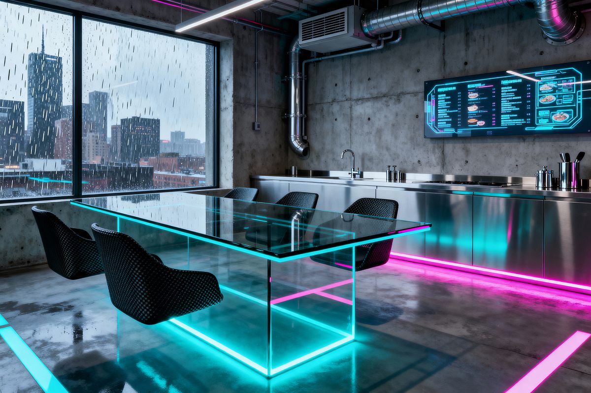 Room AI – Cyberpunk Neon Loft Dining with Glass Table - Interior
