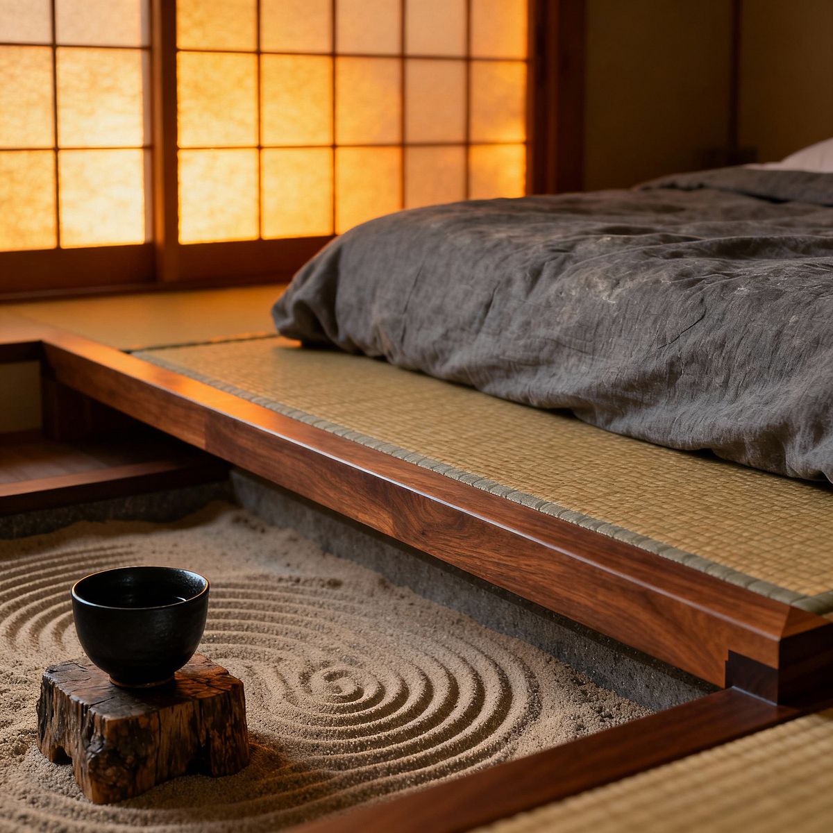 Room AI – Zen Bedroom with Tatami Platform and Sand Garden - Interior