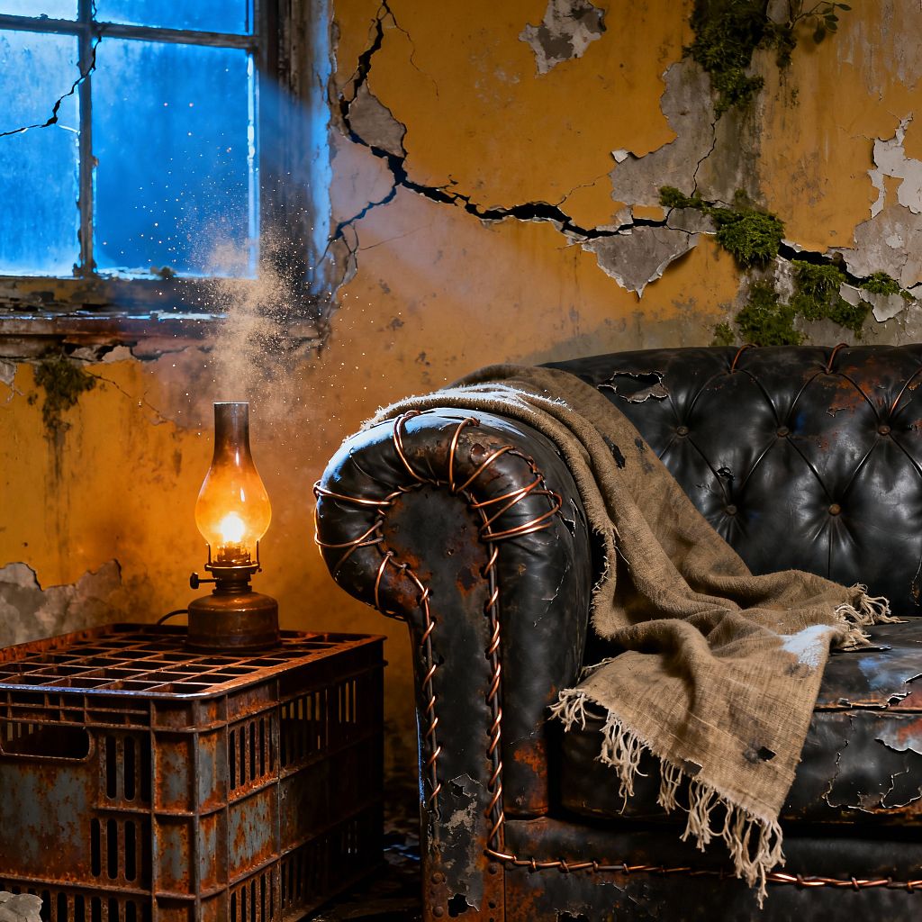 Room AI – Rusted Chesterfield and Oil Lamp Glow - Interior Design