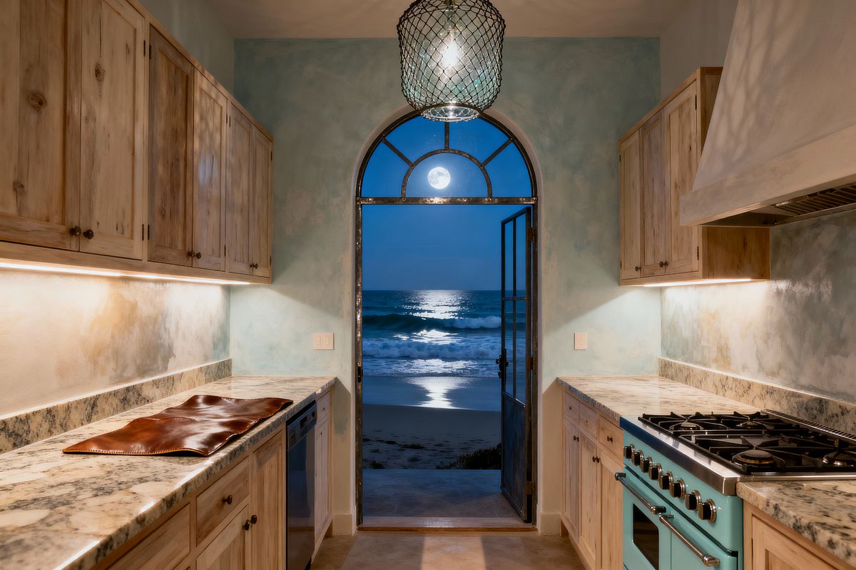 Room AI – Moonlit Coastal Kitchen with Aqua Range - Interior Design
