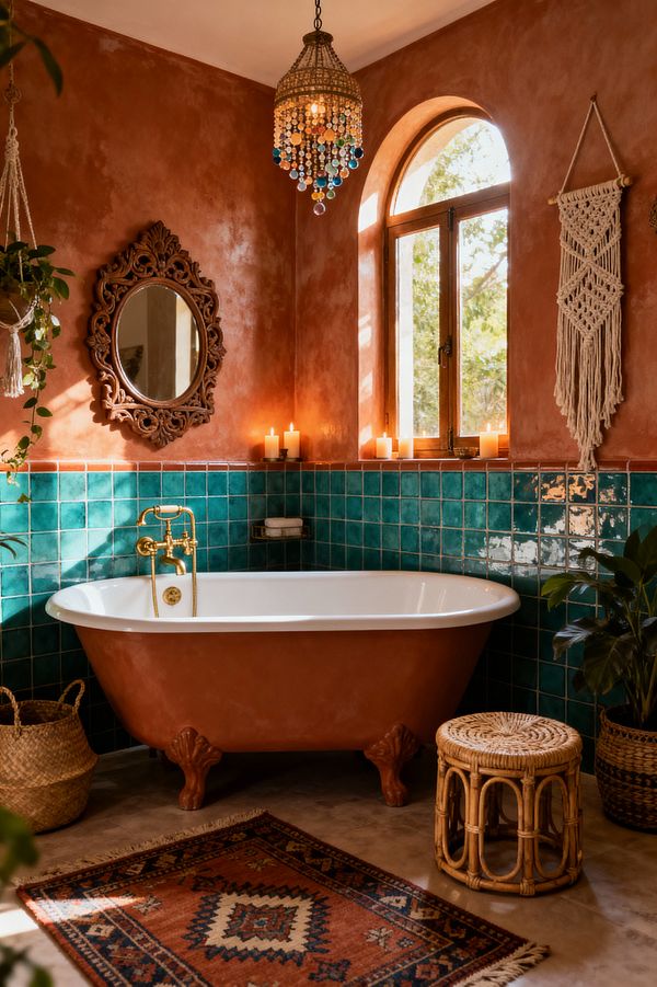 Room AI – Open-Air Coastal Bath with Turquoise Tub - Interior Design