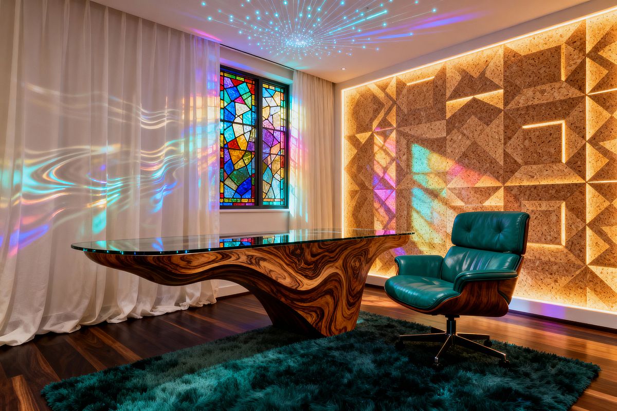 Room AI – Psychedelic Office with Stained Glass and Cork Wall