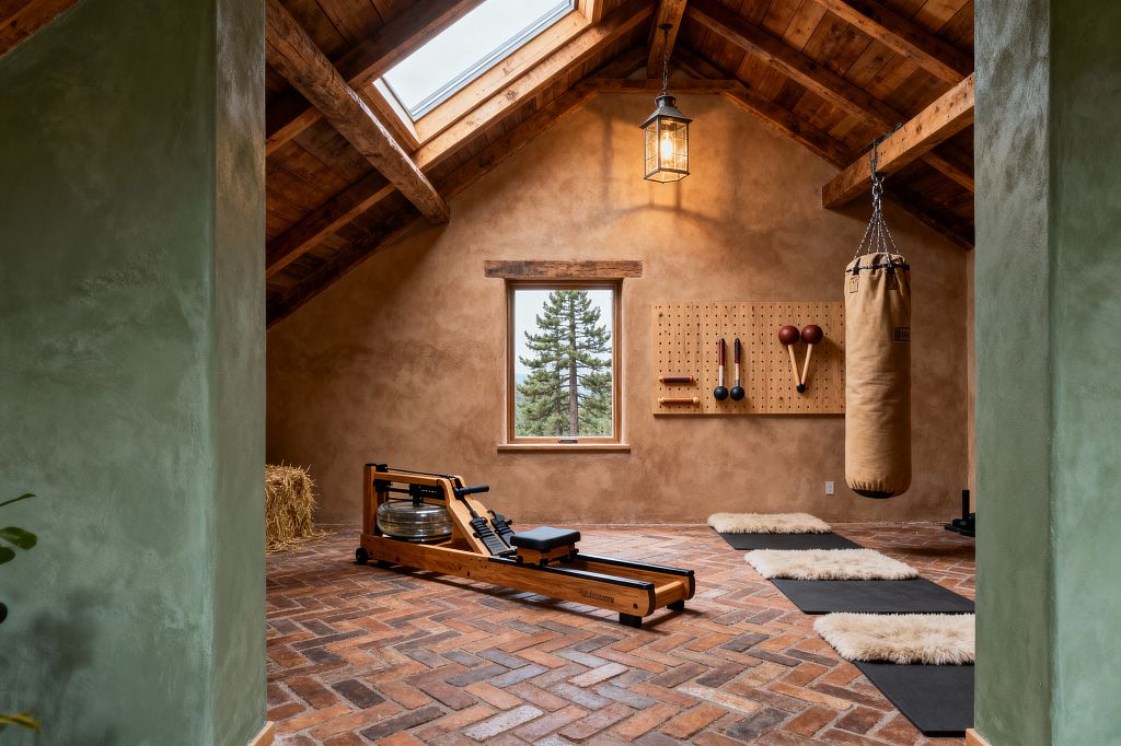 Room AI – Rustic Attic Gym with Skylight and Brick - Interior Design