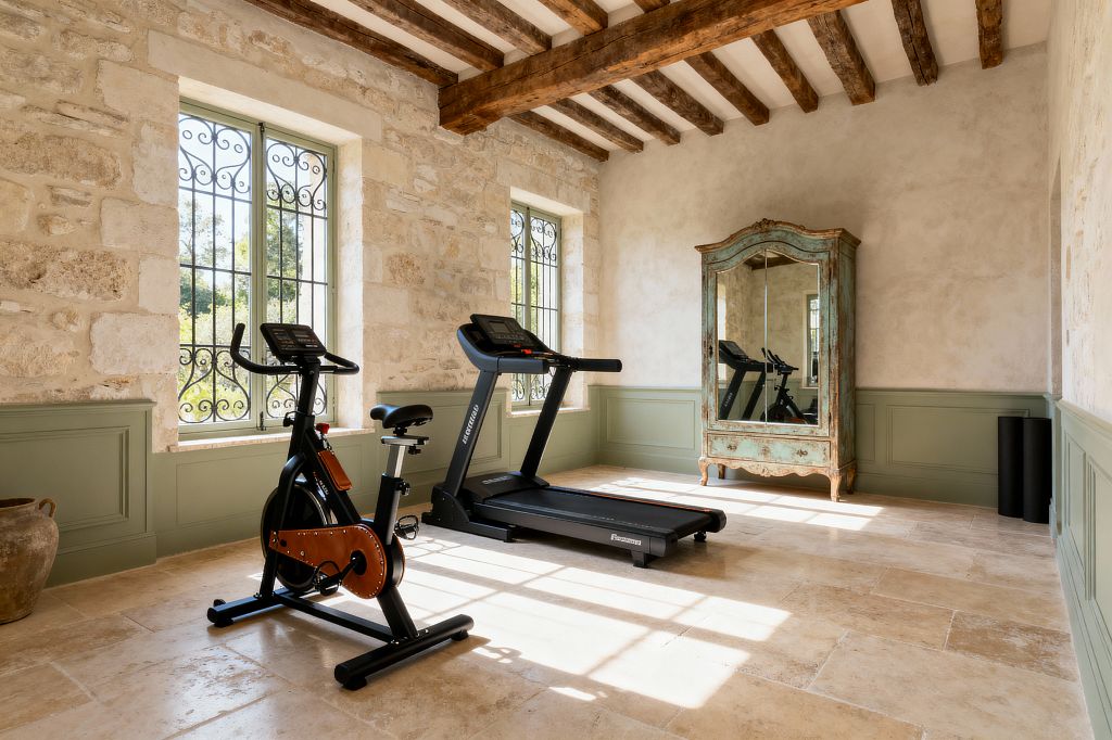 Room AI – French Country Gym with Sage Paneling and Beams - Interior