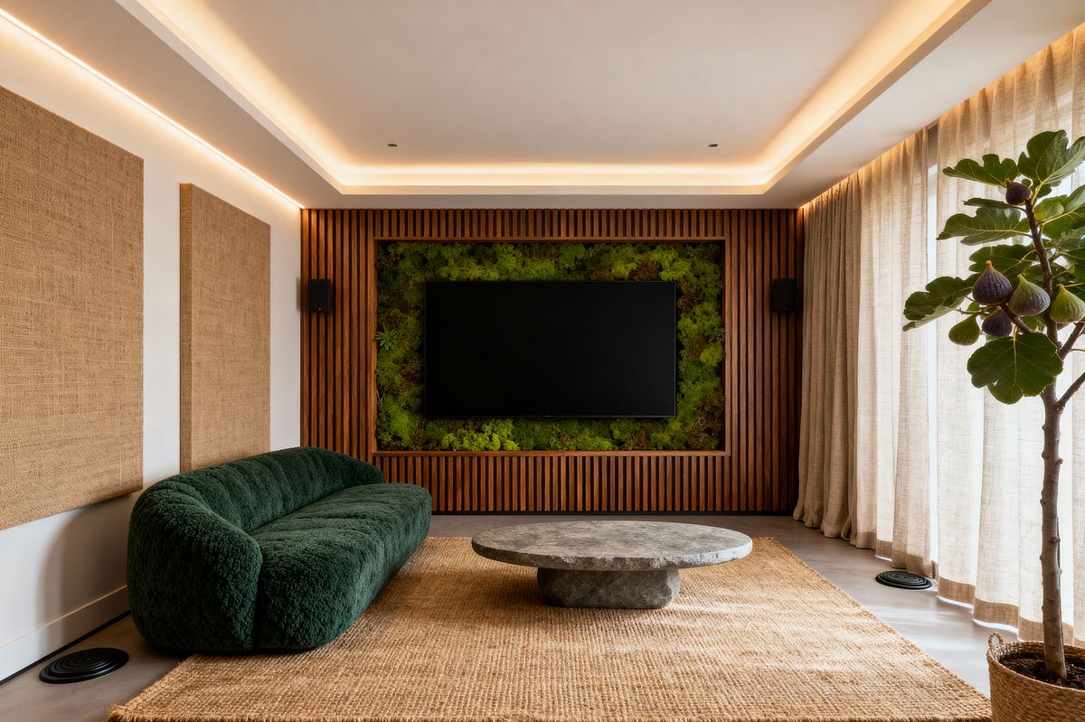 Room AI – Biophilic Media Room with Moss TV Wall - Interior Design