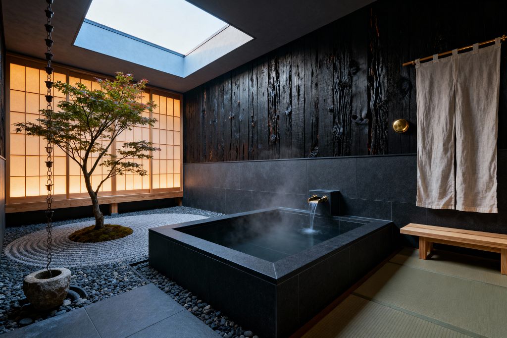 Room AI – Skylit Ofuro with Shoji and Zen Garden - Interior Design