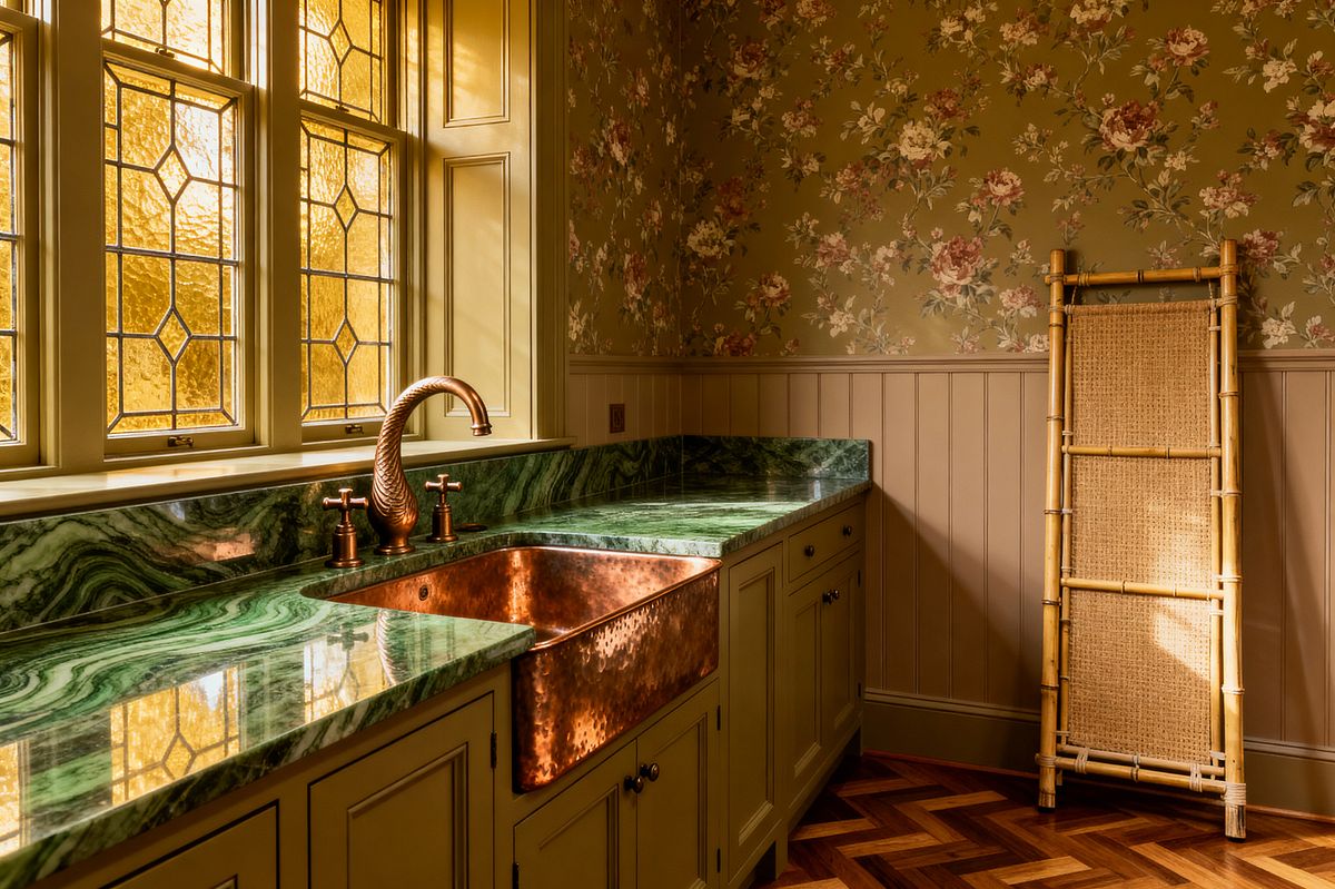 Room AI – Victorian Laundry with Copper Sink and Green Marble