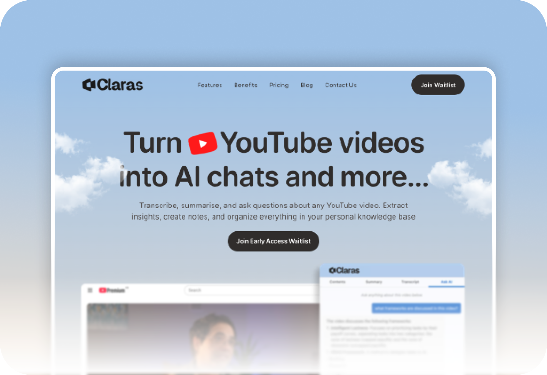 Claras: Get instant transcripts and chat with any YouTube | BetaList