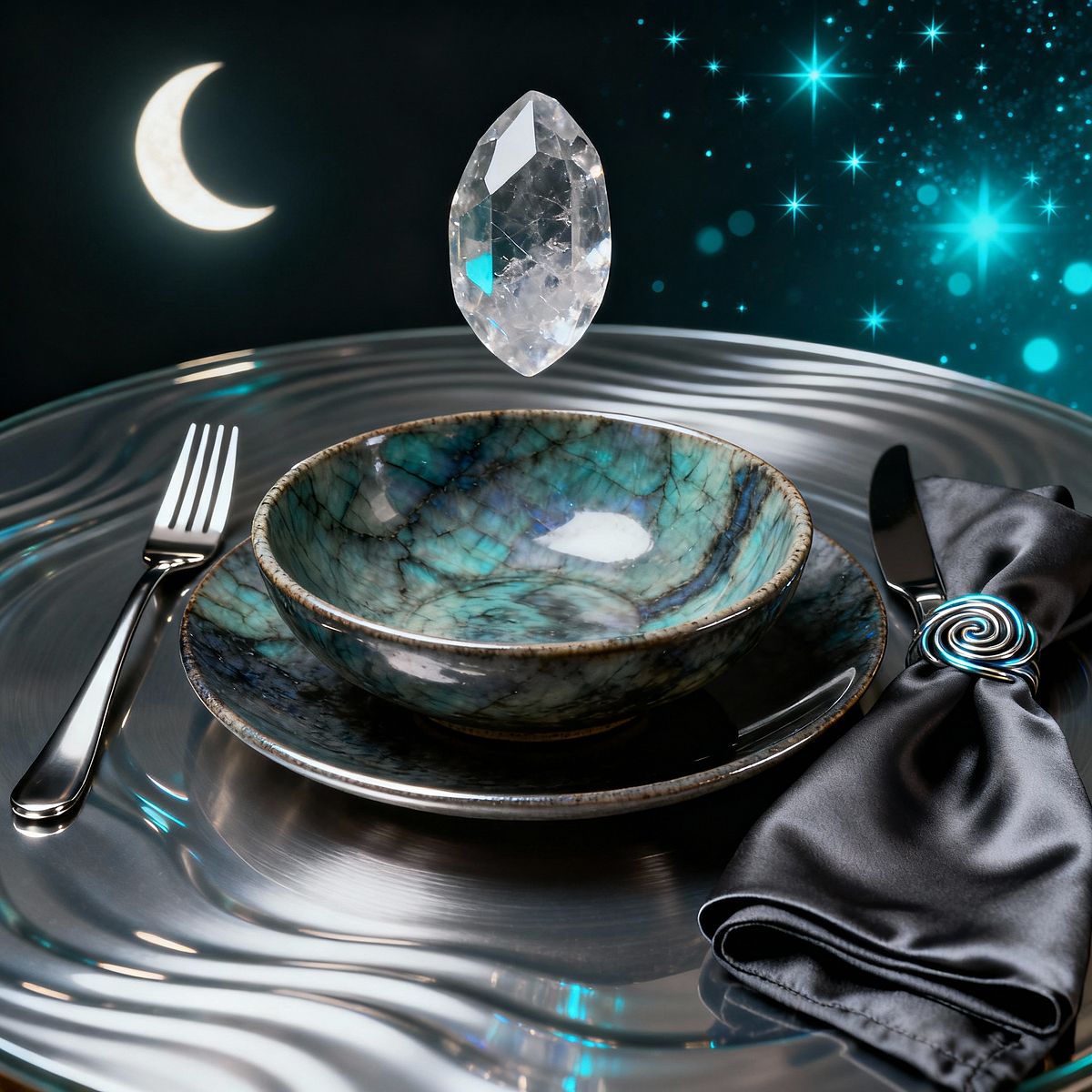 Room AI – Celestial Dining with Iridescent Stoneware and Steel