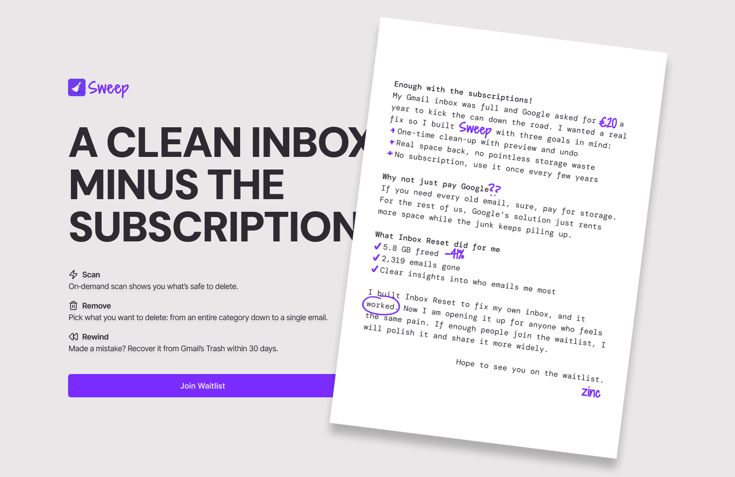 Sweep: A clean inbox, Minus the subscription | BetaList