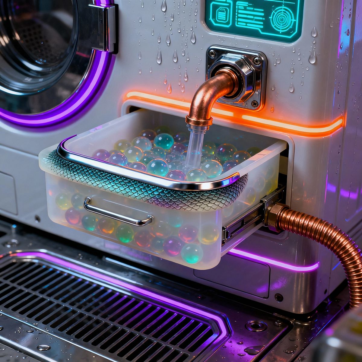 Room AI – Cyberpunk Washer with Copper Piping and Neon Drawer