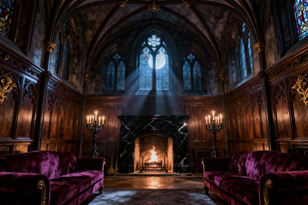 Room AI – Gothic Living Room with Stained Glass Glow - Interior Design