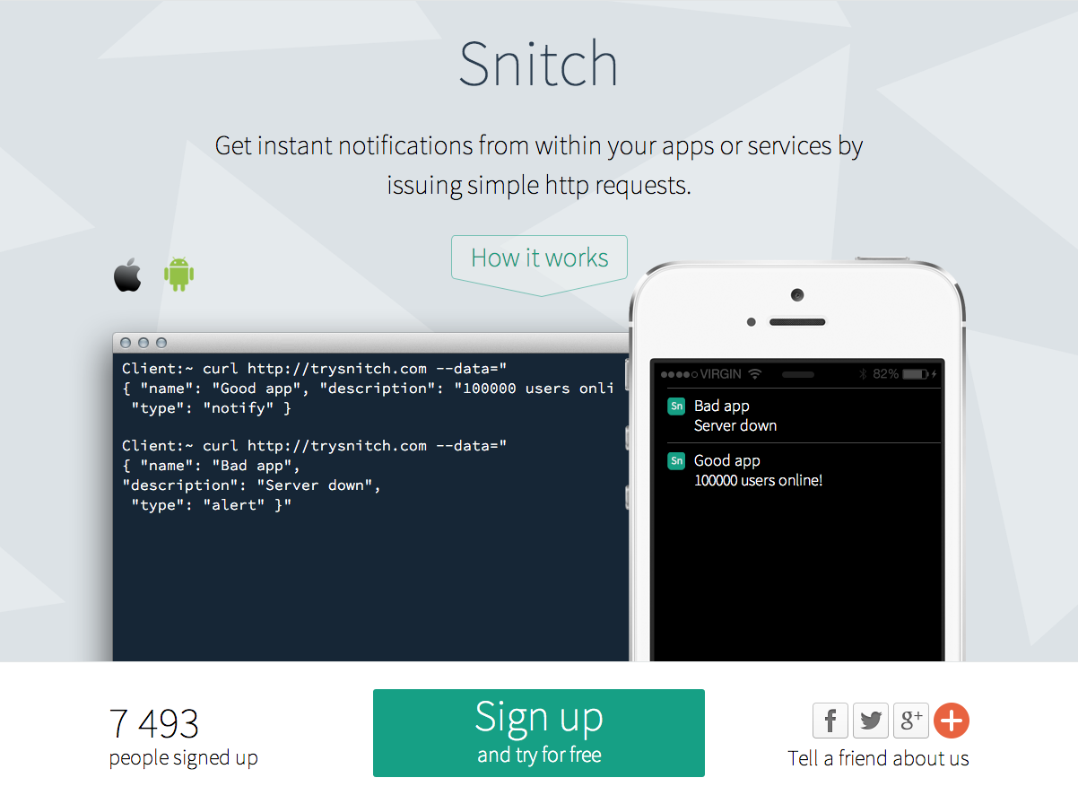 Snitch: Custom mobile notifications from within your code. | BetaList