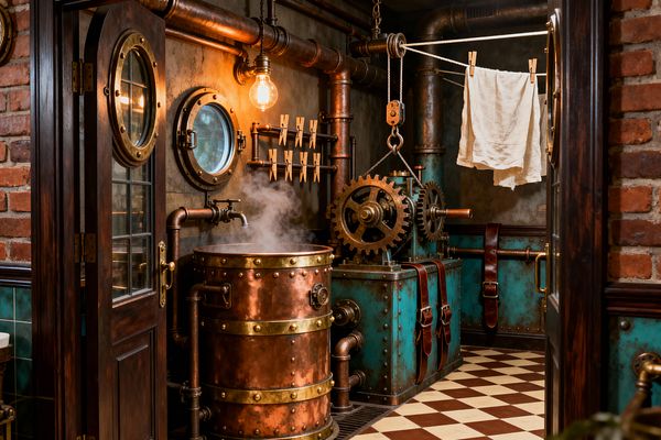 Room AI – Steampunk Laundry with Copper Pipes and Verdigris Boilers