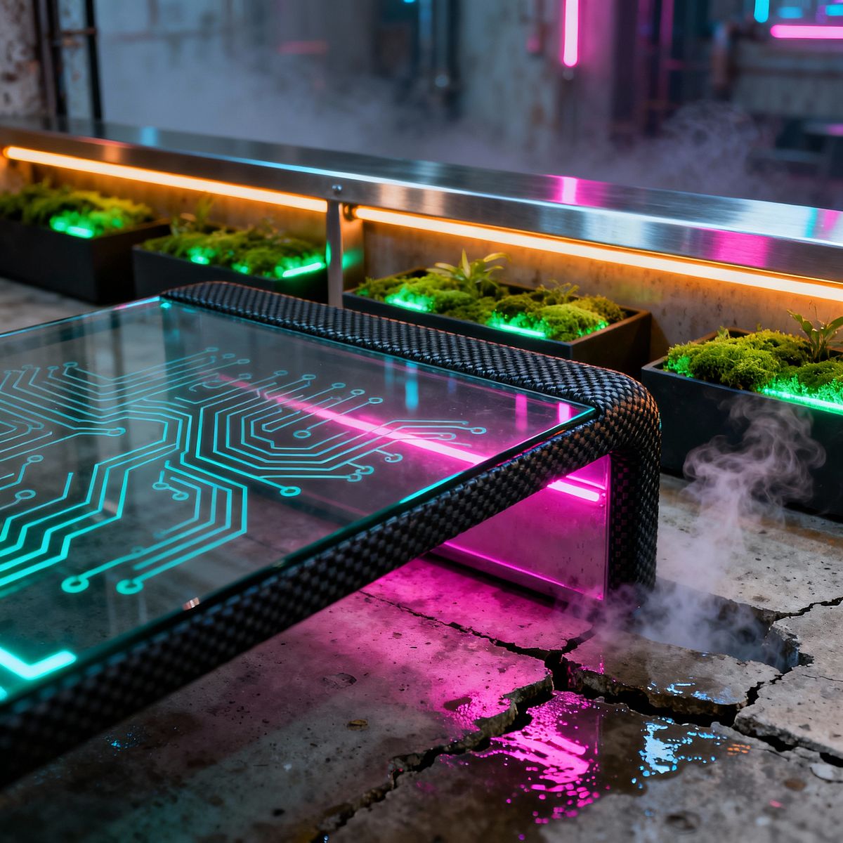 Room AI – Cyberpunk Patio with Neon Circuit Table - Interior Design