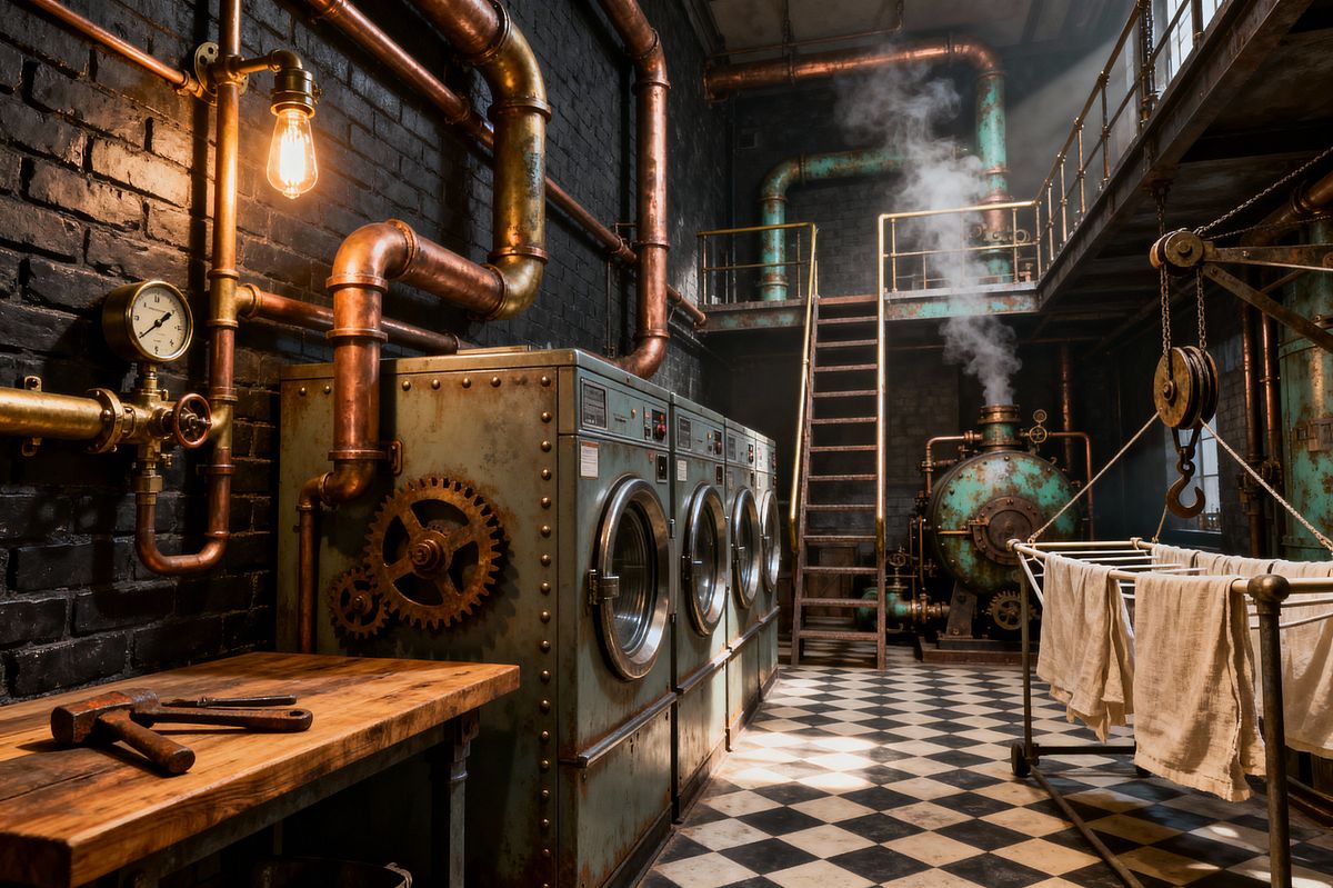 Room AI – Steampunk Laundry with Copper Pipes and Verdigris Boilers