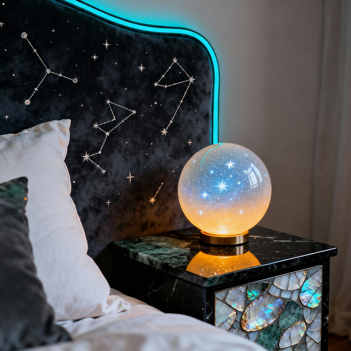 Room AI – Velvet Constellation Headboard with Galactic Orb Lamp
