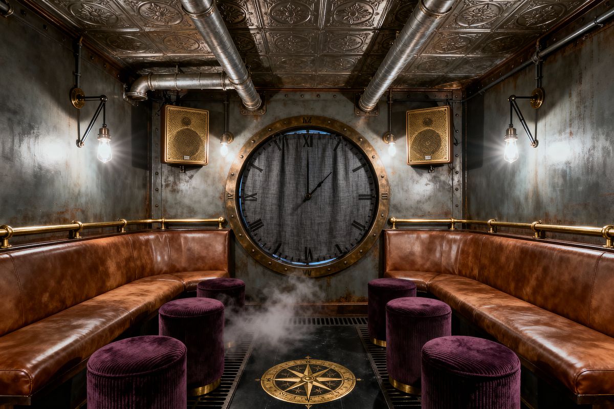 Room AI – Steampunk Media Room with Porthole Clock Lounge - Interior