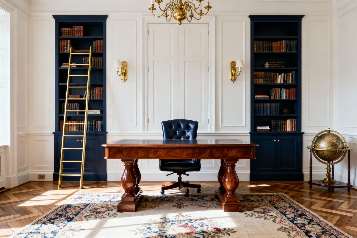 Room AI – Traditional Study with Navy Bookcases and Brass - Interior