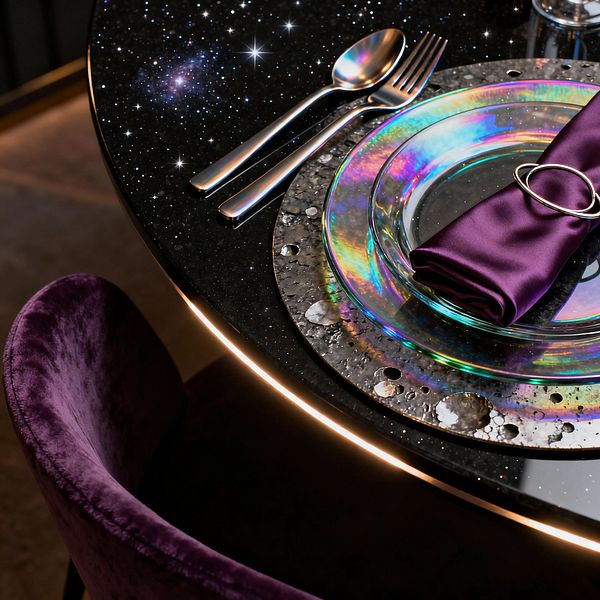 Room AI – Celestial Dining with Iridescent Stoneware and Steel