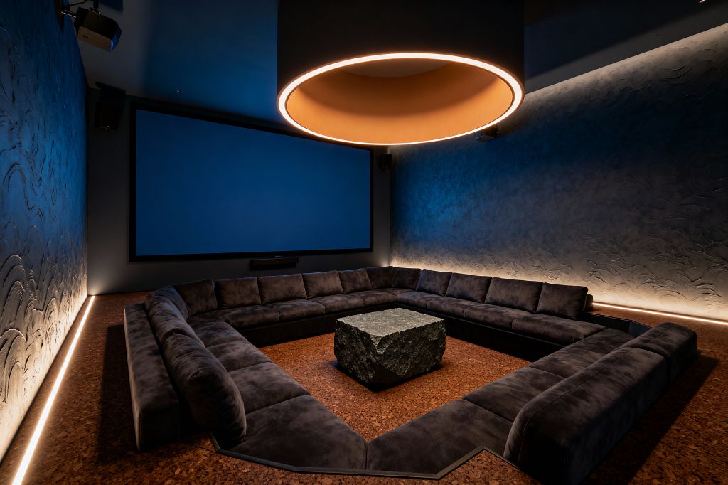 Room AI – Wraparound Theater Lounge with Stone Block Table - Interior