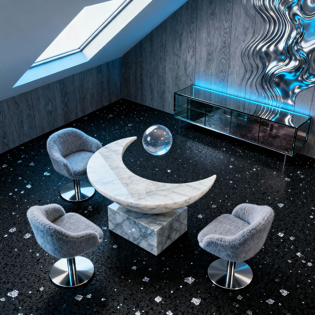 Room AI – Cosmic Chic Dining with Crescent Marble Table - Interior