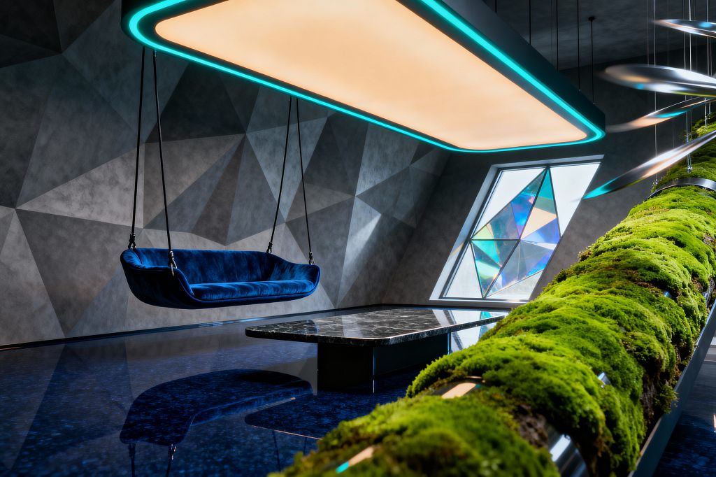 Room AI – Futuristic Living Room with Velvet Swing Sofa - Interior