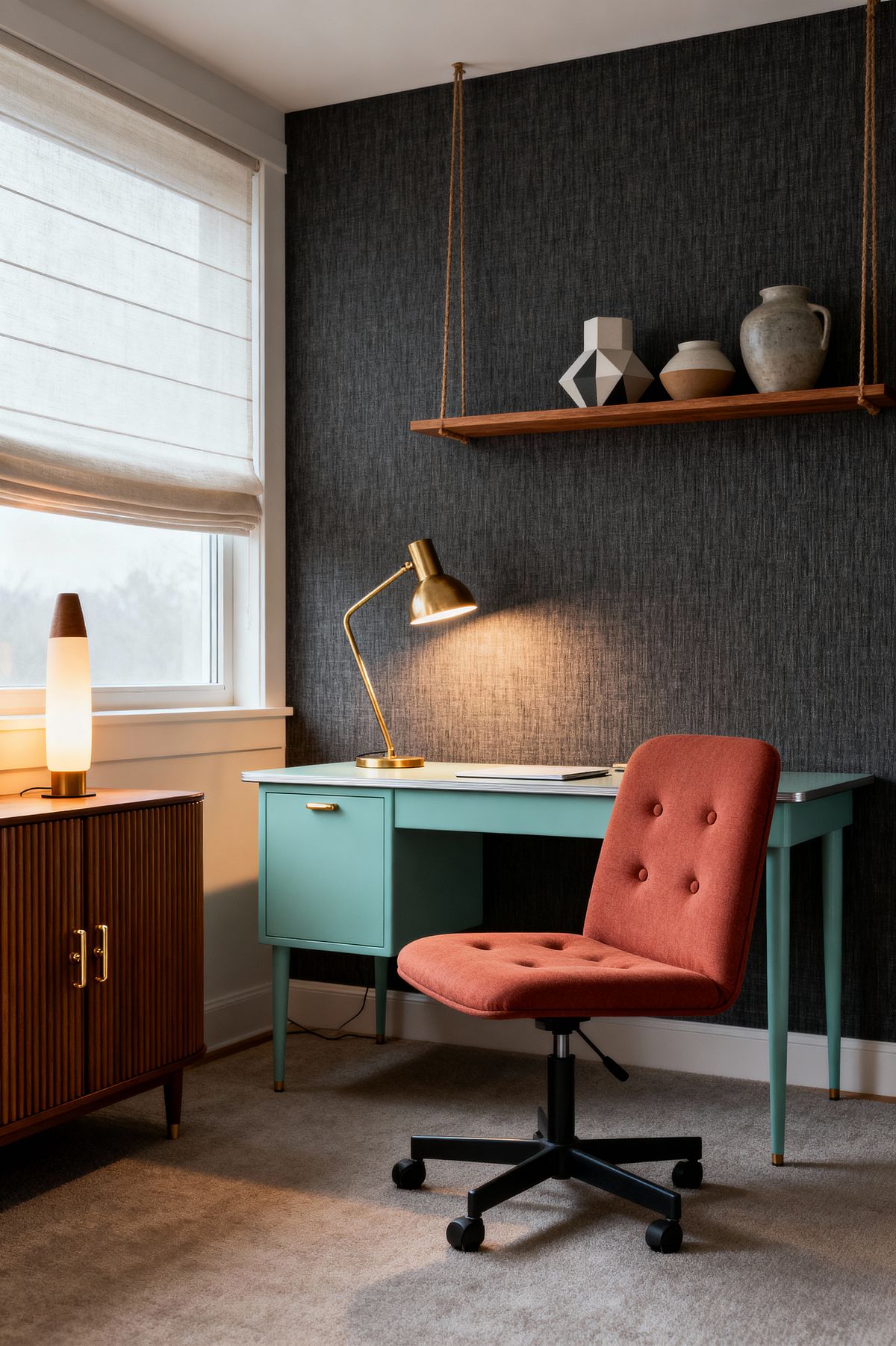 Room AI – Teal Desk and Rust Chair Study Nook - Interior Design Ideas