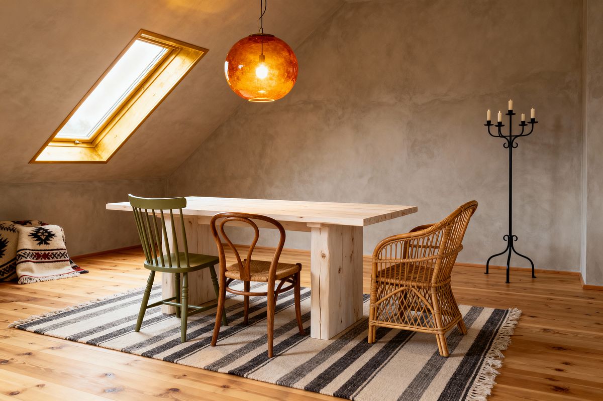 Room AI – Scandi Attic Dining with Amber Glass Pendant - Interior