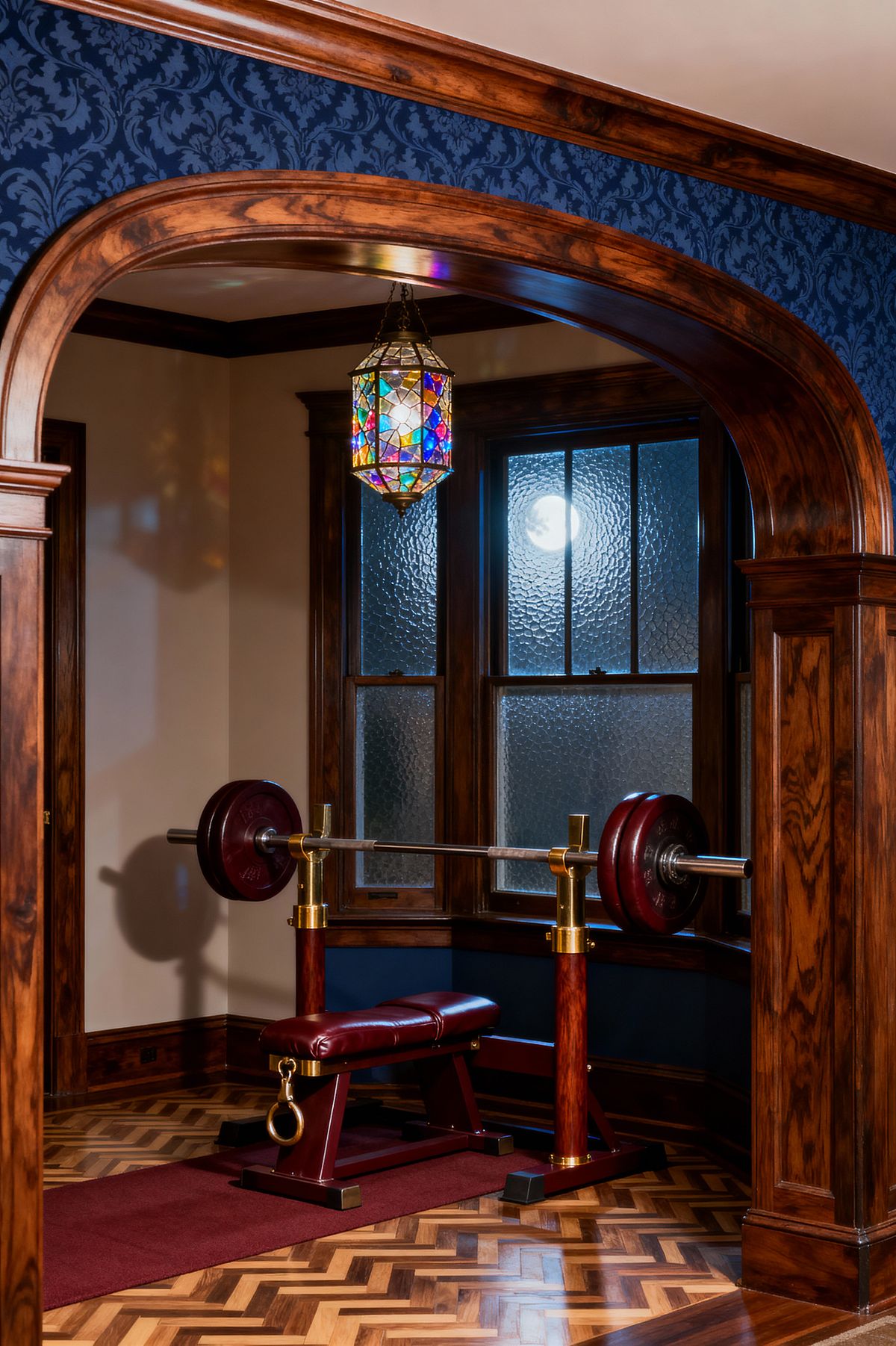 Room AI – Victorian Home Gym with Stained Glass Glow - Interior Design